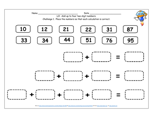 Addition KS2 Y3 Y4 Add up to four 2 digit numbers differentiated ...