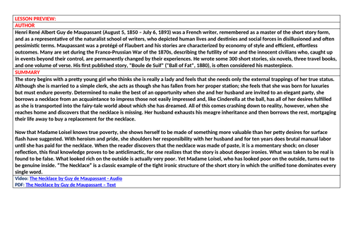 THE NECKLACE - STORY COMPREHENSION - TASKS AND EXERCISES | Teaching ...