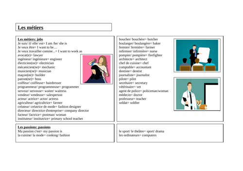 Les Métiers. Jobs vocabulary support mat | Teaching Resources