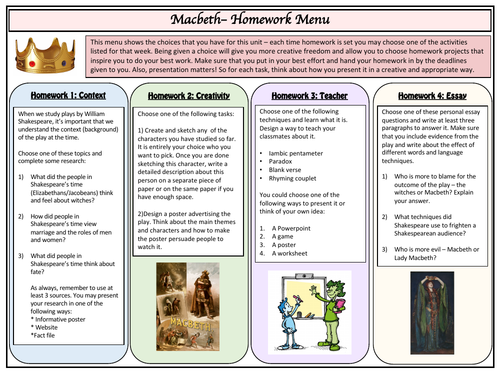 Macbeth - Homework Menu for Key Stage 3 | Teaching Resources