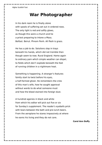 Carol Ann Duffy Scottish Text - War Photographer | Teaching Resources