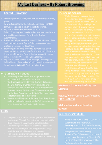 My Last Duchess Revision Sheet | Teaching Resources