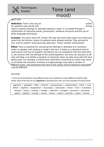 Tone and mood - Techniques Toolkit - Worksheet and PowerPoint ...