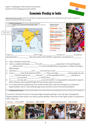 India Case Study - Workbook / Revision - Changing Economic World - AQA ...