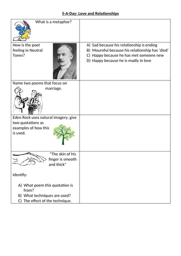 AQA Love and Relationships Poetry - Collection of 5-A-Day Worksheets ...
