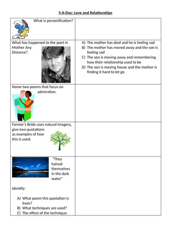AQA Love and Relationships Poetry - Collection of 5-A-Day Worksheets ...