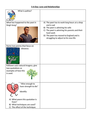 AQA Love and Relationships Poetry - Collection of 5-A-Day Worksheets ...