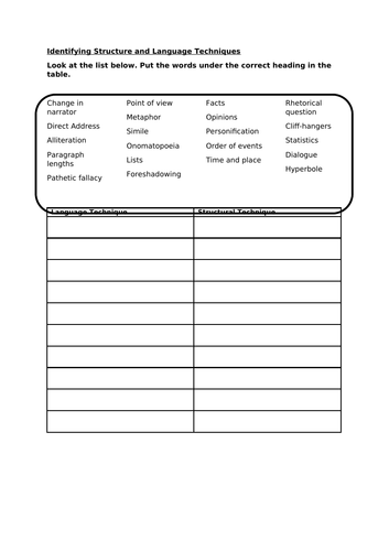 Structure and Language Techniques Worksheet | Teaching Resources