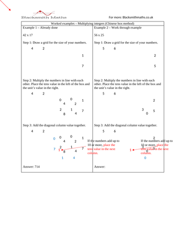Long multiplication (Chinese box method) - Worksheet | Teaching Resources