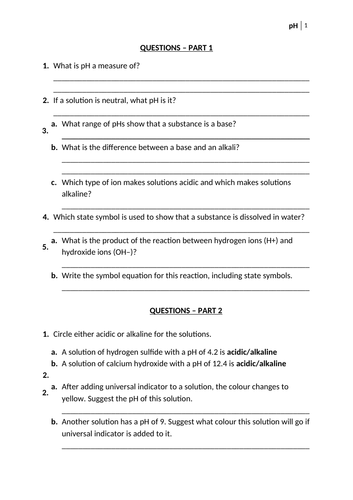 AQA GCSE CHEMISTRY PH SCALE WITH WORKSHEET. | Teaching Resources