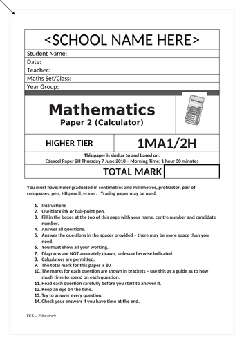Sample GCSE Maths Paper - Higher - 2H - June 7th 2018 | Teaching Resources