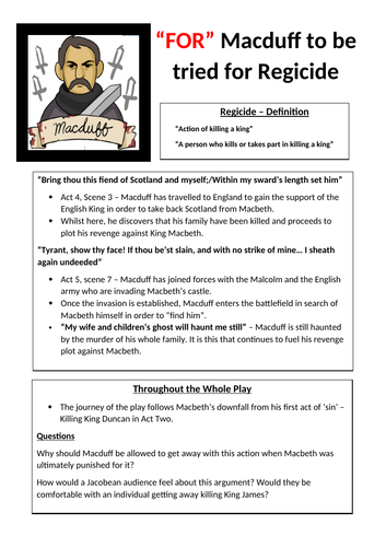 Macbeth: Macduff vs Macbeth Debate | Teaching Resources
