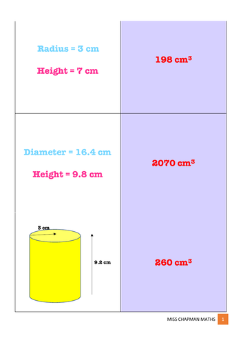 Volume of a Cylinder (Differentiated) matching cards | Teaching Resources