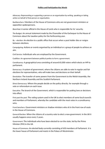 GCSE Citizenship AQA Politics and Participation key word flash cards ...