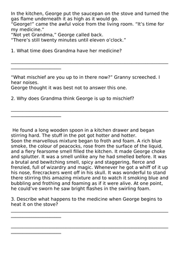George's Marvellous Medicine Chapter 5 and 6 Comprehension | Teaching ...