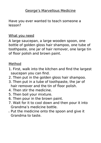 George's Marvellous Medicine Planning | Teaching Resources