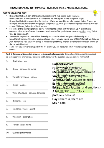 GCSE French Role Play Worksheet | Teaching Resources