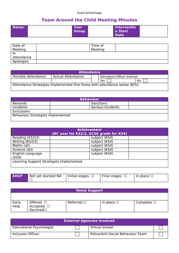 Team around the child meeting minute pro forma | Teaching Resources
