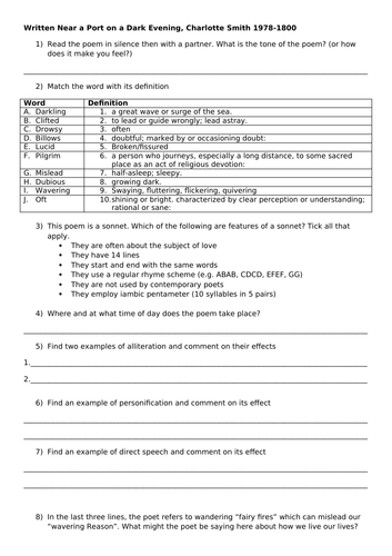 Written near a Port on a Dark Evening: Worksheet for GCSE | Teaching ...