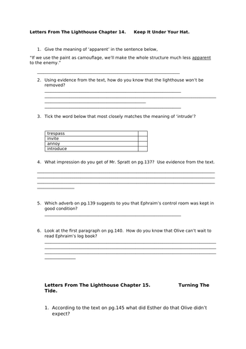 Letters From The Lighthouse - Chapters 14 - 16 Reading questions Y6 for ...