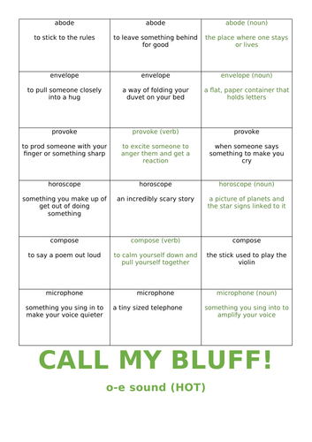 Differentiated Spelling Game (o-e, ill, ell) sound "Call My Bluff ...
