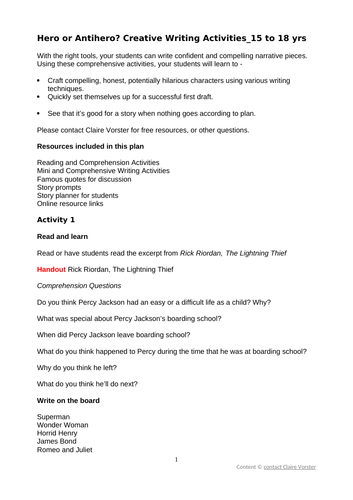 Hero or Antihero? Creative Writing Activities for 11 to 14 yrs ...