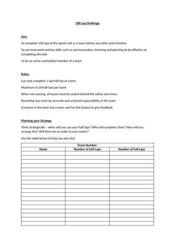 100 Lap Challenge for Wet Weather Lesson | Teaching Resources