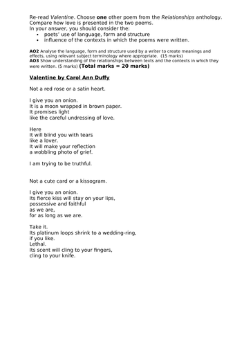 Edexcel Relationship Poetry on love | Teaching Resources