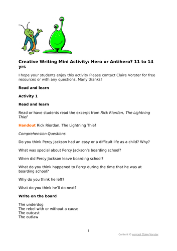 Creative Writing Mini Activity - Hero or Antihero? 11 to 14 yrs ...