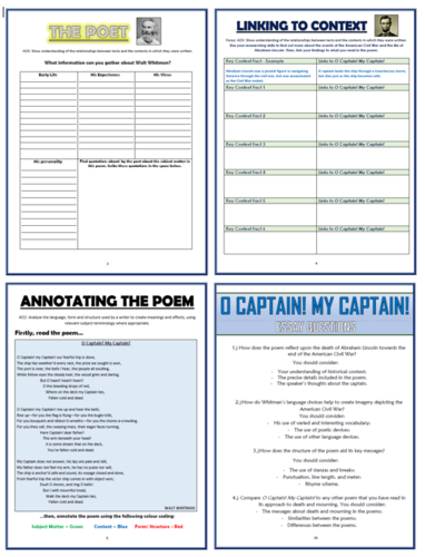 O Captain! My Captain! Comprehension Activities Booklet! | Teaching ...