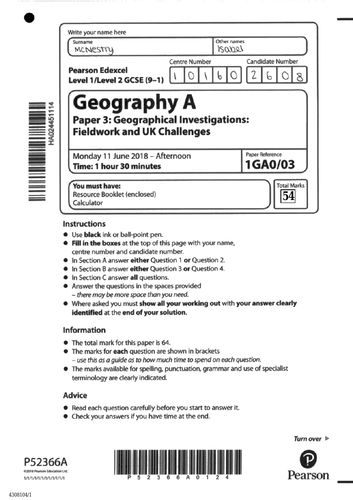 June 2018 Edexcel GCSE 9-1 Geography COMPLETED PAPERS GRADE 9 ...