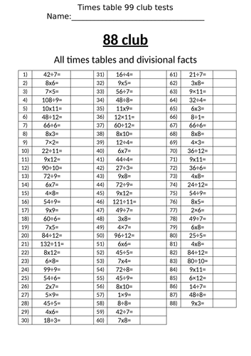 Times Table 99 Club tests - Sample | Teaching Resources