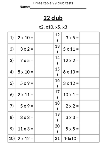 Times Table 99 Club Tests + Assessment Tool | Teaching Resources