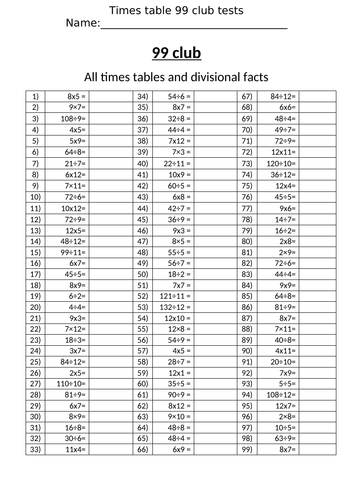 Times Table 99 Club Tests + Assessment Tool | Teaching Resources