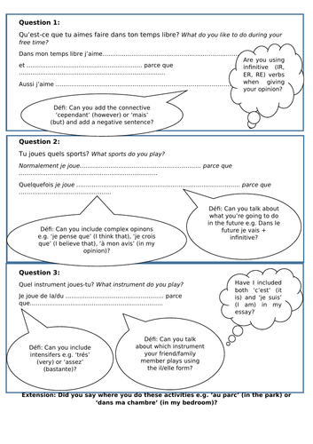 French hobbies (common verbs, sports, instruments, opinions, extending ...