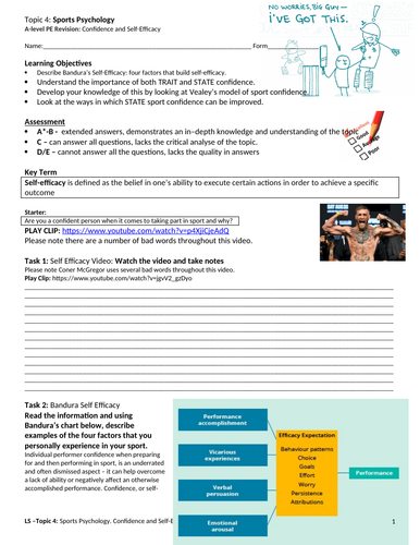 A-Level PE EDEXCEL (spec 2016) Confidence and Self-Efficacy Revision ...