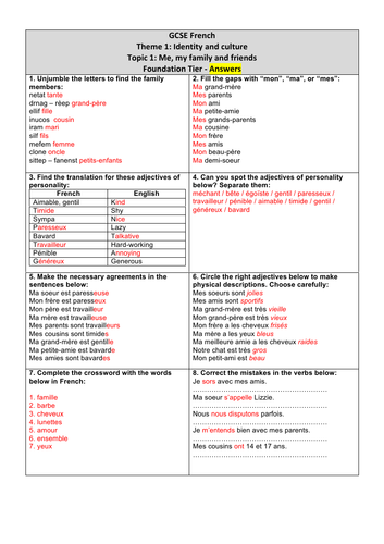 French GCSE Worksheet on "Me, my family, and friends" (Answers provided ...