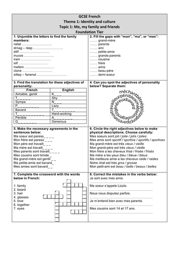 French GCSE Worksheet on "Me, my family, and friends" (Answers provided ...