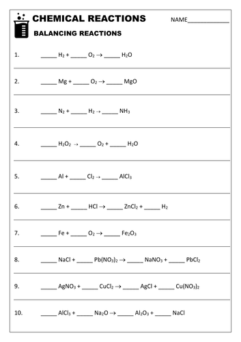 Balancing Chemical Reactions Worksheet | Teaching Resources