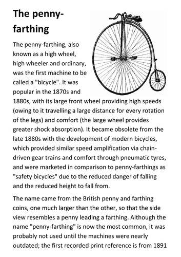 The penny-farthing Handout | Teaching Resources