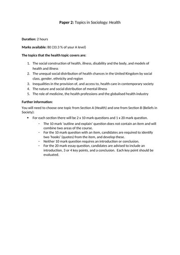 AQA Sociology A Level Health checklist UPDATED March 2024 | Teaching ...
