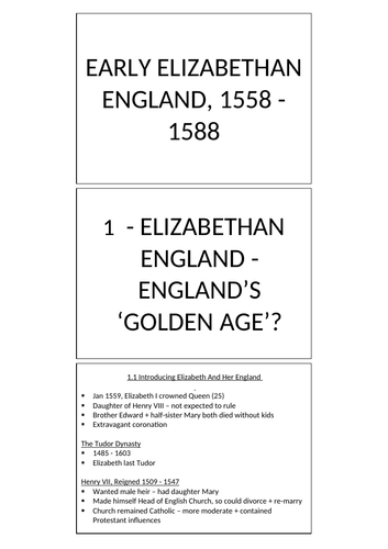 EDEXCEL GCSE HISTORY: EARLY ELIZABETHAN ENGLAND | Teaching Resources