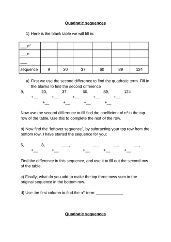 Scaffolded nth term quadratic sequence | Teaching Resources Scaffolded nth term quadratic sequence | Teaching Resources