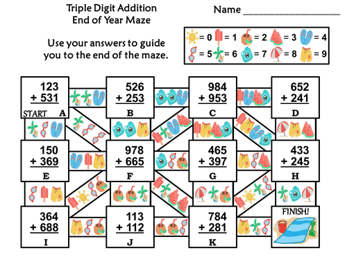 Triple Digit Addition With Regrouping End of Year/ Summer Math Maze ...