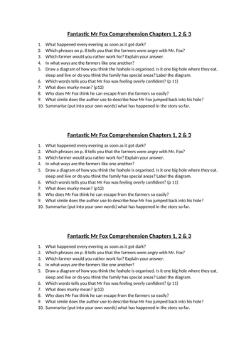 Fantastic Mr Fox Comprehension | Teaching Resources