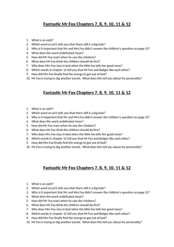 Fantastic Mr Fox Comprehension | Teaching Resources