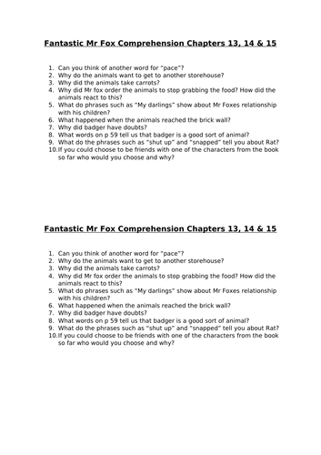 Fantastic Mr Fox Comprehension | Teaching Resources