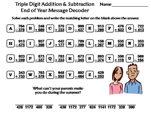 Triple Digit Addition & Subtraction End of Year Activity: Message ...