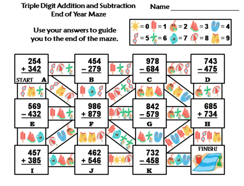 Triple Digit Addition & Subtraction End of Year/ Summer Math Maze ...