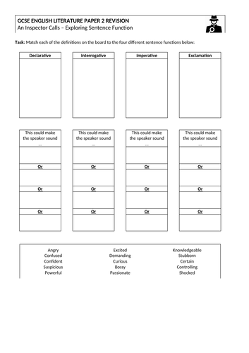 An Inspector Calls - Revision - Sentence Function | Teaching Resources
